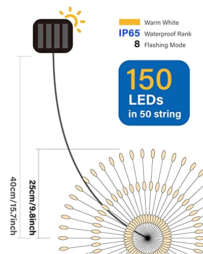 4 Pack Solar Fireworks Lights Clip On Lights 150 LED Waterproof Fairy String Lights 8 Modes Lighting Outdoor Lights Christmas Lights for Garden Patio Party Wedding Decorative (Warm White)