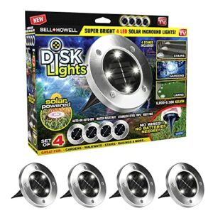 bell+howell disk lights solar ground lights -wireless auto on/off solar pathway garden outdoor lighting with 4 led bulbs for lawn, patio, garden, yard, pathways waterproof, 4 packs, as seen on tv