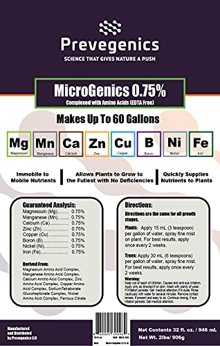 MicroGenics 0.75% | Contains .75% Magnesium.75% Manganese.75% Zinc.75% Copper.75% Boron.75% Nickel and .75% Iron | Liquid Fertilizer | Makes up to 60 Gallons | 32 fl. oz.