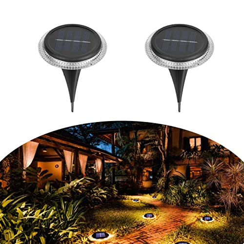 ASLIDECOR Solar Ground Lights Outdoor Waterproof,Warm White Solar Step Lights,2 Pack 8 Led Solar Disk Lights for Outside Stairs Decks Walls(Warm White)