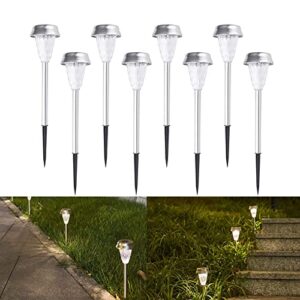 qeepgg solar lights pathway outdoor waterproof stainless steel metal plastic auto on/off solar powered landscape led lighting for garden yard walkway lawn, patio, deck, driveway stakes