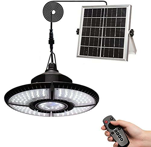 HULPPRE Solar Shed Light Daytime or Night 4+1 Leaves 136Leds Brighter Solar Light Indoor&Outdoor with Remote,IP65 Barn/Chicken Coop/Workshop/Ceiling/Pendant Light for Patio,Garden,Yard,Gazebo