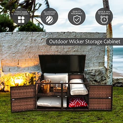 Outdoor 110 Gallon Rattan Deck Box, Wicker Patio Storage Cabinet Waterproof Storage Double Openable Door Cabinet Rattan Storage Deck Box with Lid and Separate Storage Shelf for Garden, Patio, Porch, Yard, can Store Cushions, Tools, Toys,Brown