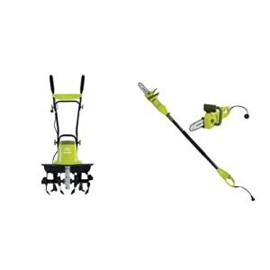 sun joe tj604e 16-inch 13.5 amp electric garden tiller/cultivator,black & swj806e 8-inch 8.0 amp 2-in-1 convertible pole chain saw, green