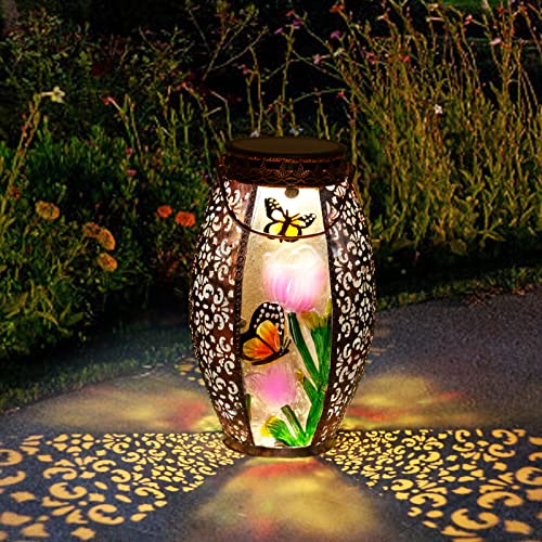 Outdoor Solar Lantern-Waterproof Butterfly Hanging Metal Decorative Lights for Patio Table Garden Pathway Yard with Super Bright Warm White LED, Large Solar Panels, Auto On/Off Light