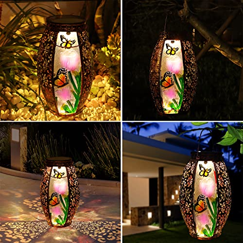 Outdoor Solar Lantern-Waterproof Butterfly Hanging Metal Decorative Lights for Patio Table Garden Pathway Yard with Super Bright Warm White LED, Large Solar Panels, Auto On/Off Light