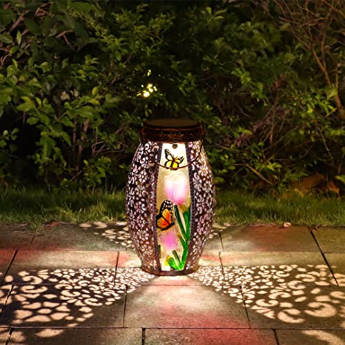 Outdoor Solar Lantern-Waterproof Butterfly Hanging Metal Decorative Lights for Patio Table Garden Pathway Yard with Super Bright Warm White LED, Large Solar Panels, Auto On/Off Light