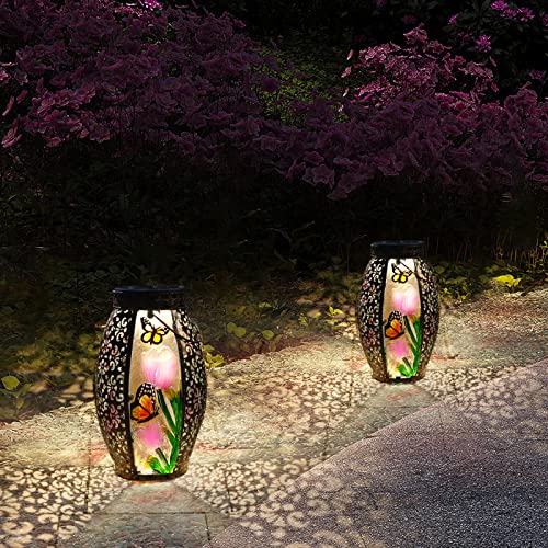 Outdoor Solar Lantern-Waterproof Butterfly Hanging Metal Decorative Lights for Patio Table Garden Pathway Yard with Super Bright Warm White LED, Large Solar Panels, Auto On/Off Light