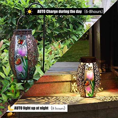 Outdoor Solar Lantern-Waterproof Butterfly Hanging Metal Decorative Lights for Patio Table Garden Pathway Yard with Super Bright Warm White LED, Large Solar Panels, Auto On/Off Light