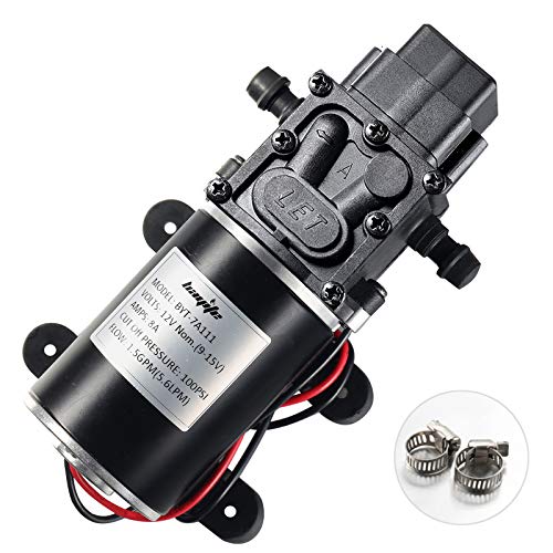 bayite 12V Diaphragm Water Pump, 1.5 GPM (5.6 L/Min) 100 PSI, 12 Volt DC Fresh Water Pump with 2 Hose Clamps, Self Priming Sprayer Pump with Pressure Switch Adjustable for RV Camper Marine Boat Lawn