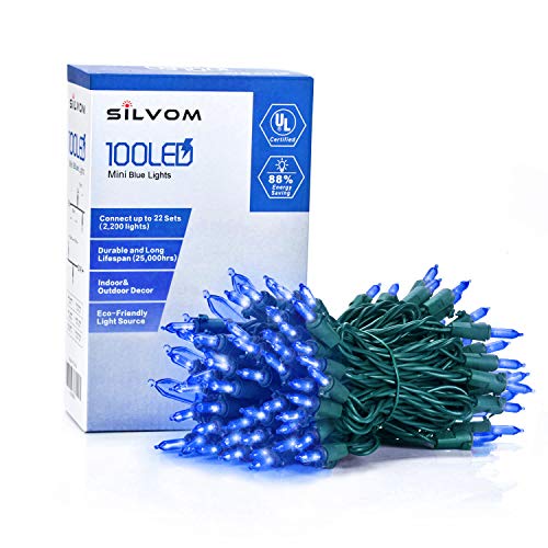 Silvom Blue Christmas Lights, 100 LED Mini Tree Lights, 33ft Xmas Lights, 120V UL Certified Indoor & Outdoor String Lights for Halloween, Christmas Tree, Party, Wedding, Patio, Garden, Home Decoration