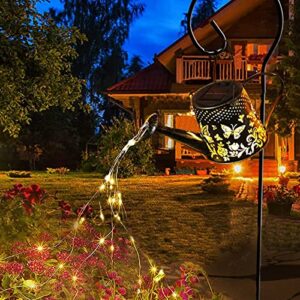 solar watering can with fairy lights garden decor watering can lights for patio path tree lawn patio path, solar fairy garden led, outdoor string lights, star shower garden lights (with shepherd hook)