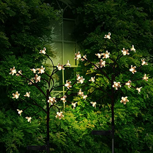 perzoe Outdoor Decorative Solar Cherry Blossoms Light - Solar Powered 20LED Memory Modeling Copper Wire Garden Decorative Lights for Patio Lawn Christmas Birthday Party Decor(2 Pack) (Warm White)