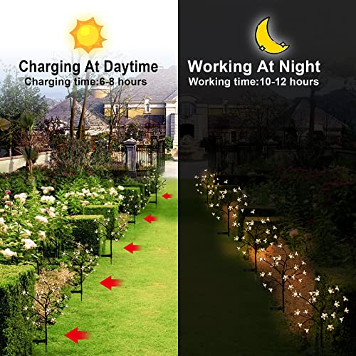 perzoe Outdoor Decorative Solar Cherry Blossoms Light - Solar Powered 20LED Memory Modeling Copper Wire Garden Decorative Lights for Patio Lawn Christmas Birthday Party Decor(2 Pack) (Warm White)