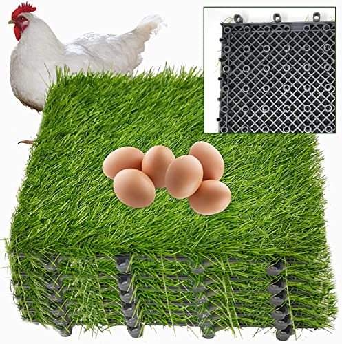 Hamiledyi Chicken Coop Grass Pads, Hen Nest Box Plastic Bedding Mats, Artificial Grass Turf Nesting Liners, Pet Garden Grass Tiles, Synthetic Poultry Bedding Pee Mats for Chickens Hens 6PCS