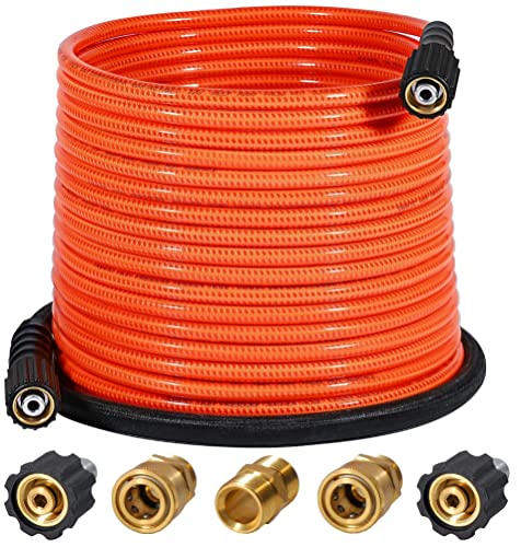 YAMATIC Pressure Washer Hose 50 ft Anti-Kink Flexible, Extension Power Washer Hose 3200 PSI X 1/4", M22 to 3/8" Quick Connect Couplers for Replacement (PU Wear-Resistant Jacket)