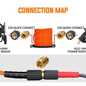 YAMATIC Pressure Washer Hose 50 ft Anti-Kink Flexible, Extension Power Washer Hose 3200 PSI X 1/4", M22 to 3/8" Quick Connect Couplers for Replacement (PU Wear-Resistant Jacket)