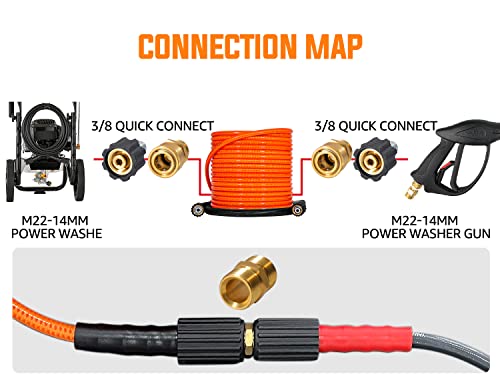 YAMATIC Pressure Washer Hose 50 ft Anti-Kink Flexible, Extension Power Washer Hose 3200 PSI X 1/4", M22 to 3/8" Quick Connect Couplers for Replacement (PU Wear-Resistant Jacket)