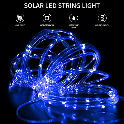 Oluote Solar String Lights Outdoor Rope Lights, 33ft 100 LEDs Waterproof Tube Lights with Solar Panel for Outdoor Home Garden Parties Independence Day Decor (Blue, 33FT)