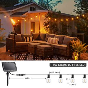 Solar String Lights Outdoor 29 Feet Waterproof Patio LED Lights with 25 Shatterproof Bulbs, 4 Light Modes, Hanging Lights Solar Powered for Backyard Garden Porch Yard Decor, E12 Base, 2700K