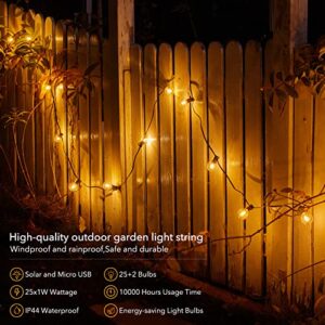 Solar String Lights Outdoor 29 Feet Waterproof Patio LED Lights with 25 Shatterproof Bulbs, 4 Light Modes, Hanging Lights Solar Powered for Backyard Garden Porch Yard Decor, E12 Base, 2700K