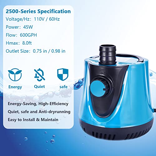 nongovee Aquarium Submersible Pump: 600GPH 2300L/H 45W Adjustable Displacement with 6ft Power Cord for Garden Waterfalls | Pool Covers | Hydroponics | Fish Tanks | Small Ponds | Fountains