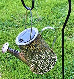 Solar Watering Can Decor Lights, Hanging Garden Ornament Lighting Your Garden, Flower Pattern Metal Lantern Weatherproof Yard Art Ideal Mother's Day, Birthdays, Christmas, Pathway Lights, Bronze