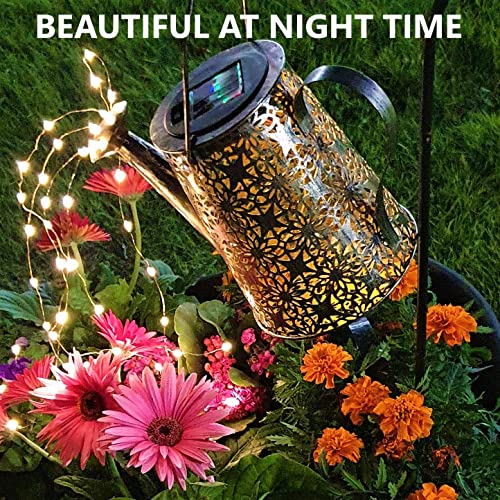 Solar Watering Can Decor Lights, Hanging Garden Ornament Lighting Your Garden, Flower Pattern Metal Lantern Weatherproof Yard Art Ideal Mother's Day, Birthdays, Christmas, Pathway Lights, Bronze