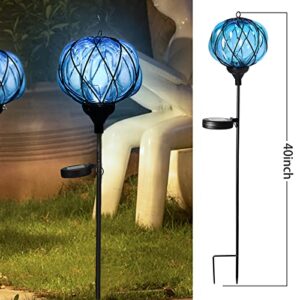 2 Pack Garden Solar Lights Pathway Outdoor,Blue Crackle Glass Heart Stake Metal Lights,Garden Decor Light Waterproof Solar Stake Lights for Lawn Patio Yard