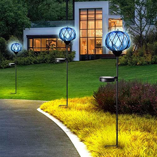 2 Pack Garden Solar Lights Pathway Outdoor,Blue Crackle Glass Heart Stake Metal Lights,Garden Decor Light Waterproof Solar Stake Lights for Lawn Patio Yard