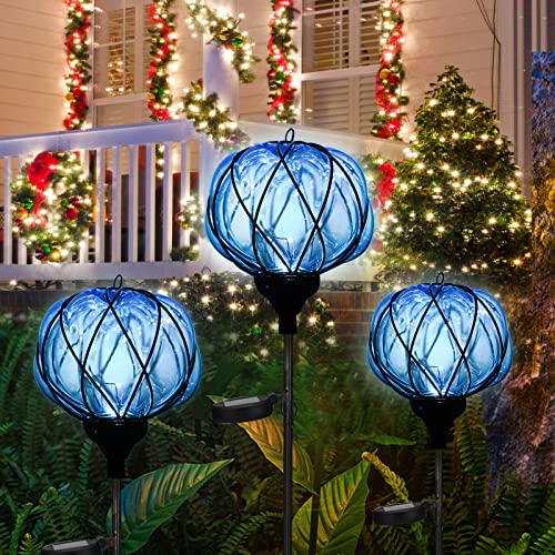 2 Pack Garden Solar Lights Pathway Outdoor,Blue Crackle Glass Heart Stake Metal Lights,Garden Decor Light Waterproof Solar Stake Lights for Lawn Patio Yard