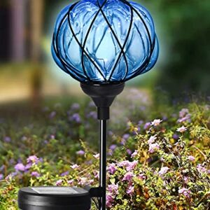 2 Pack Garden Solar Lights Pathway Outdoor,Blue Crackle Glass Heart Stake Metal Lights,Garden Decor Light Waterproof Solar Stake Lights for Lawn Patio Yard