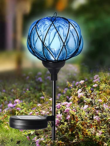 2 Pack Garden Solar Lights Pathway Outdoor,Blue Crackle Glass Heart Stake Metal Lights,Garden Decor Light Waterproof Solar Stake Lights for Lawn Patio Yard