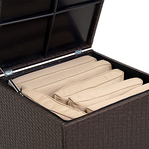 MIRAFIT Aluminum Frame Deck Box, 73 Gallon Rattan Wicker Outdoor Patio Storage Box Waterproof, Outside Storage Bin for Patio Furniture Covers, Cushion Pillows, Towels, Garden Tools, Toys, Brown