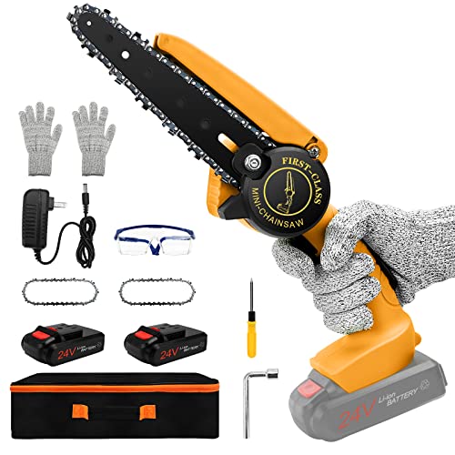 Mini Cordless Chainsaw, VOKITA 6 Inch Battery Powered Chain Saw, Electric chain saws for Wood Cutting Tree Branches Pruning, Electric Chainsaw, Orange ( Small Chainsaw 2 Chains 2 Batteries 1 Bag)