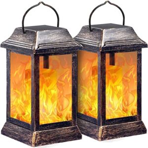 tomcare solar lights metal flickering flame solar lantern outdoor hanging lanterns lighting heavy duty solar powered waterproof led flame lights for patio garden yard christmas, 2 pack (bronze)