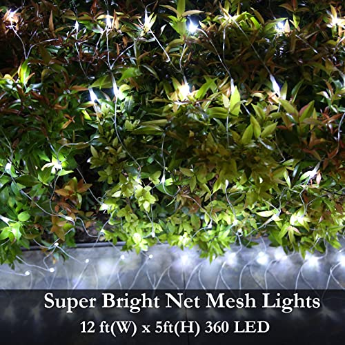 Joomer 12ft x 5ft 360 LED Christmas Net Lights,8 Modes Bush Mesh Lights Connectable, Timer, Waterproof for Christmas Trees, Bushes, Garden, Outdoor Decorations (Clear Wire, White)