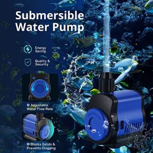 Flexzion 320 GPH Submersible Water Pump, Garden Fountain Pump Submersible Aquarium Waterpump with Adjustable Flow Rate and Suction Cup Mount for Aquarium, Fish Pond, Fish Tank, Outdoor, Hydroponics