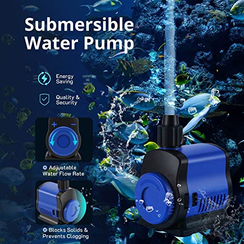 Flexzion 320 GPH Submersible Water Pump, Garden Fountain Pump Submersible Aquarium Waterpump with Adjustable Flow Rate and Suction Cup Mount for Aquarium, Fish Pond, Fish Tank, Outdoor, Hydroponics