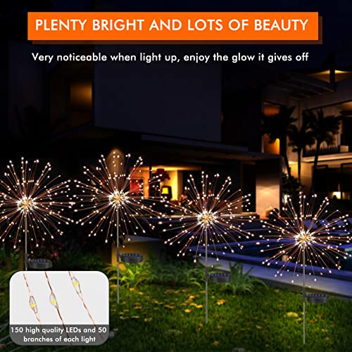 ReyeeInc Solar Sparkler Lights, 800mAh Solar Powered Garden Fireworks Lamp Decorative Solar Outdoor Fairy Lights with 150 LEDs and 2 Lighting Modes for Patio Yard Pool Decor 2 Pack (Warm White)