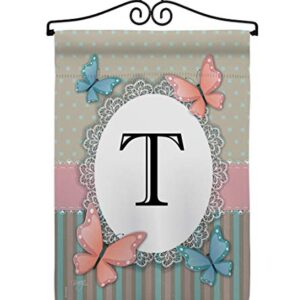 Breeze Decor T Initial Garden Flag Set Wall Hanger Monogram Friends Bugs & Frogs Butterfly Ladybugs Dragonfly Bee Springtime Insect Natural Wildlife House Yard Gift Double-Sided, Made in USA