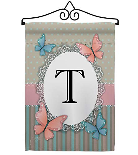 Breeze Decor T Initial Garden Flag Set Wall Hanger Monogram Friends Bugs & Frogs Butterfly Ladybugs Dragonfly Bee Springtime Insect Natural Wildlife House Yard Gift Double-Sided, Made in USA