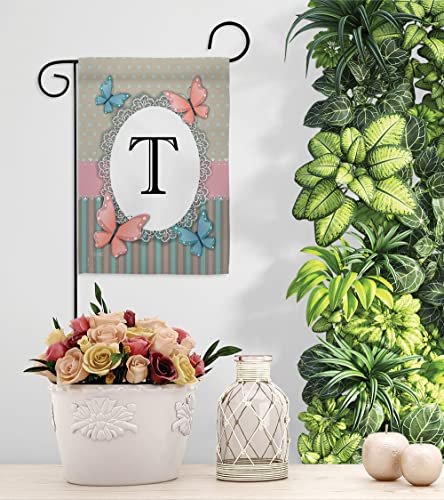 Breeze Decor T Initial Garden Flag Set Wall Hanger Monogram Friends Bugs & Frogs Butterfly Ladybugs Dragonfly Bee Springtime Insect Natural Wildlife House Yard Gift Double-Sided, Made in USA