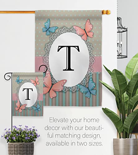 Breeze Decor T Initial Garden Flag Set Wall Hanger Monogram Friends Bugs & Frogs Butterfly Ladybugs Dragonfly Bee Springtime Insect Natural Wildlife House Yard Gift Double-Sided, Made in USA