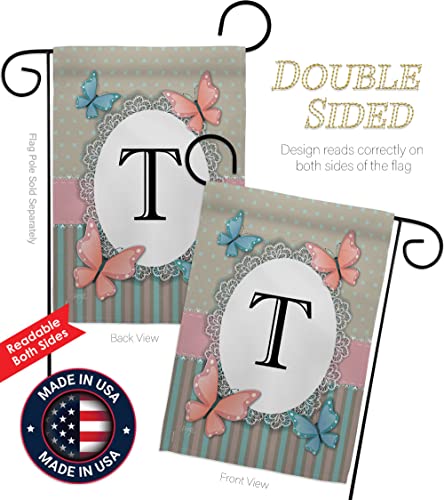 Breeze Decor T Initial Garden Flag Set Wall Hanger Monogram Friends Bugs & Frogs Butterfly Ladybugs Dragonfly Bee Springtime Insect Natural Wildlife House Yard Gift Double-Sided, Made in USA