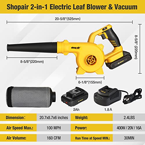 SHOP·AIR Cordless Leaf Blower & Vacuum, 2-IN-1 20V Leaf Blower with 7 Adjustable Speeds, 160CFM/100MPH Strong Power, Lightweight Handheld Blower for Lawn Care, Snow, Dust, Battery and Charger Included