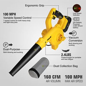 SHOP·AIR Cordless Leaf Blower & Vacuum, 2-IN-1 20V Leaf Blower with 7 Adjustable Speeds, 160CFM/100MPH Strong Power, Lightweight Handheld Blower for Lawn Care, Snow, Dust, Battery and Charger Included