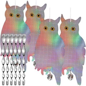 dyvicl fake owl hanging reflective owl for woodpecker deterrent 4 pack, bonus 6 reflective scare spiral rods