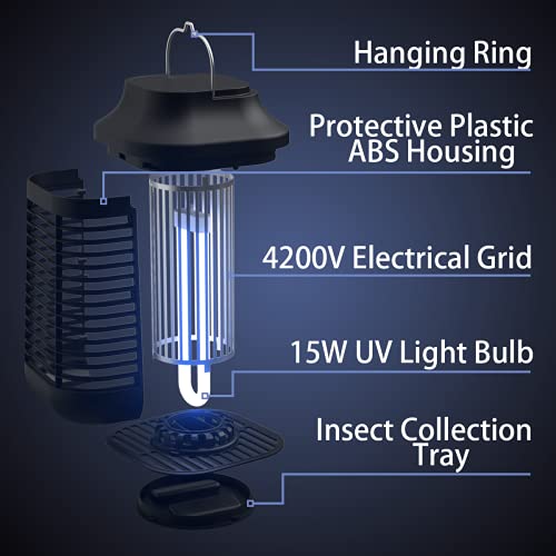 Bug Zapper Outdoor/Indoor,Mosquito Zapper 4200V High Powered Waterproof Electronic Mosquito Killer,15W UVA Mosquito Lamp Bulb,Fly Traps Patio Insects Killer,Trap Killer for Home,Kitchen, Backyard