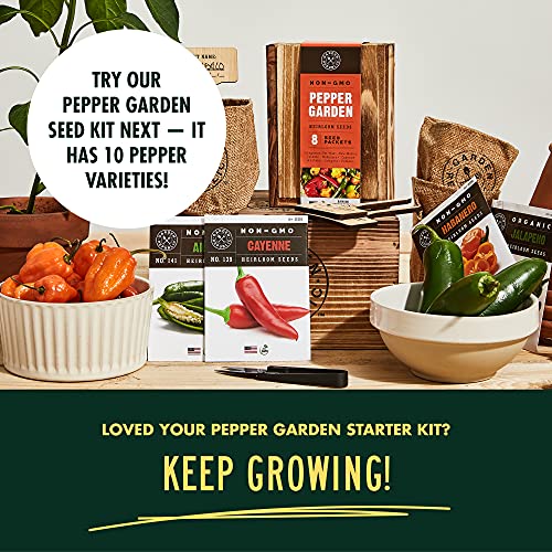 Indoor Pepper Seed Starter Kit – Pepper Growing Kit with 4 Non-GMO Hot Pepper Seeds, Wood Planter Box, Soil, Pots, Plant Markers, Vegan Gardening Gifts, Grow Your Own Indoor Vegetable Garden Kit